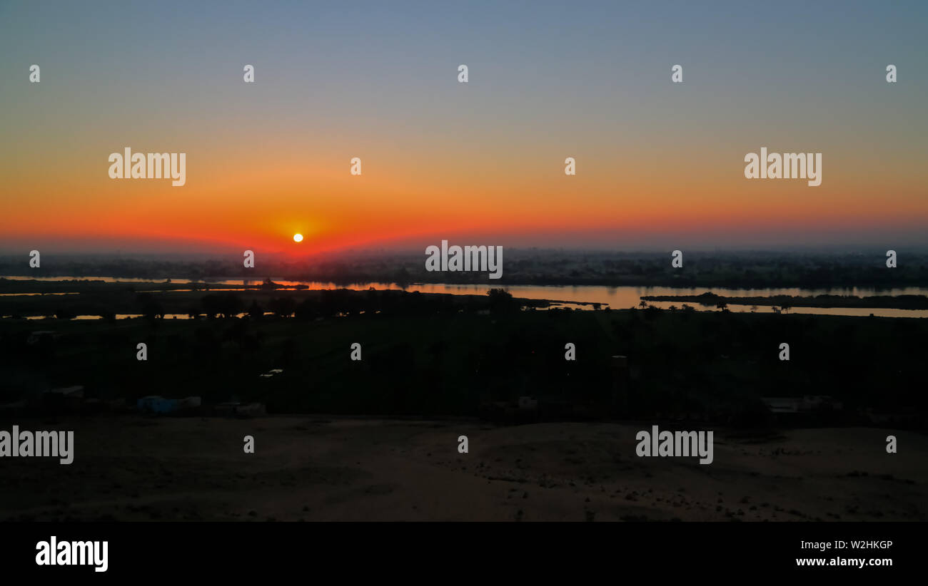 Sunset panorama view to Nile river from Beni Hasan archaeological site ...