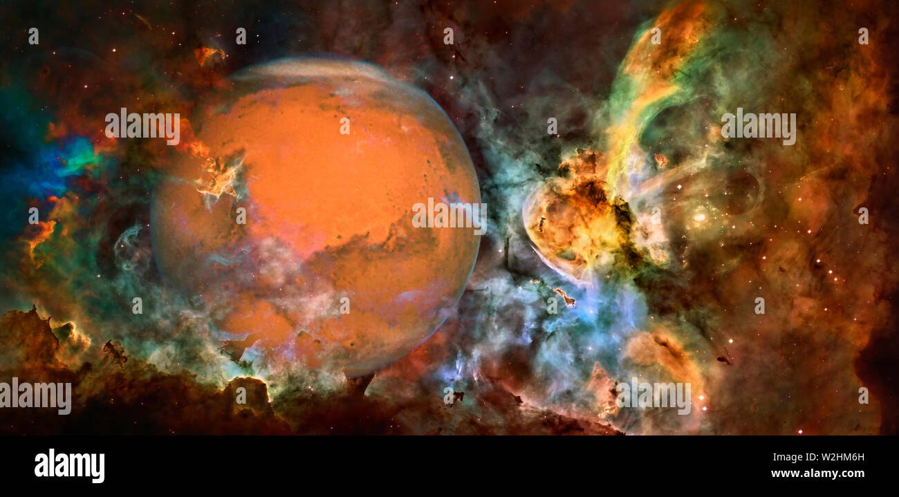 Planet Mars from outer space. Space nebula. Cosmic cluster of stars ...