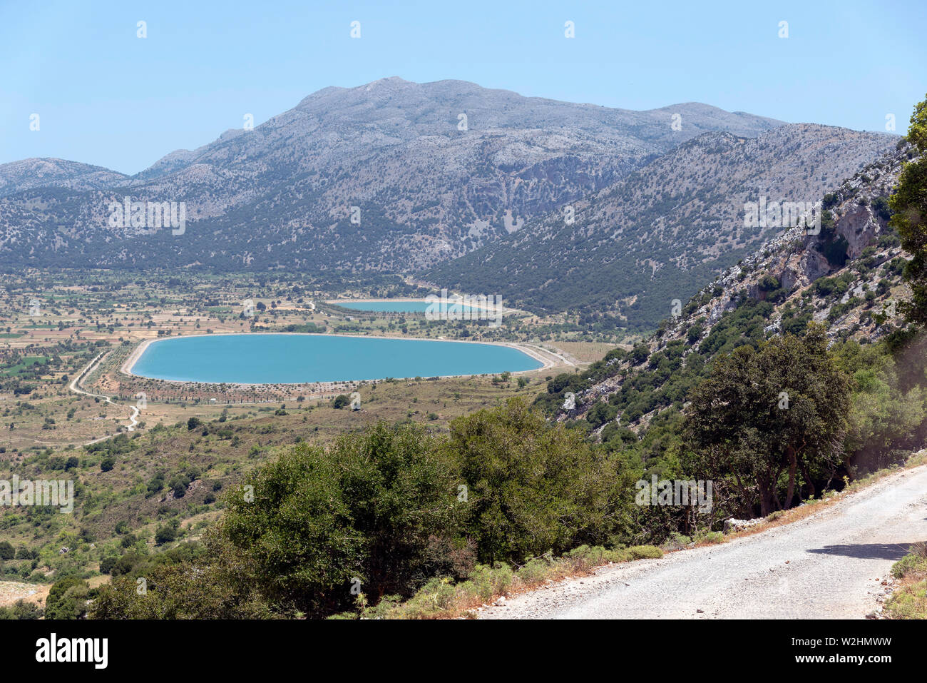 Crete, Greece. June 2019. An overview of two artificial lakes viewed ...