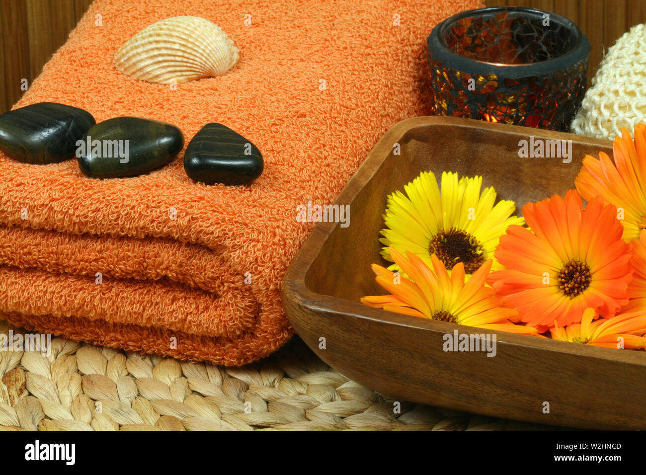colorful orange wellness and spa therapy with beautiful marigold ...