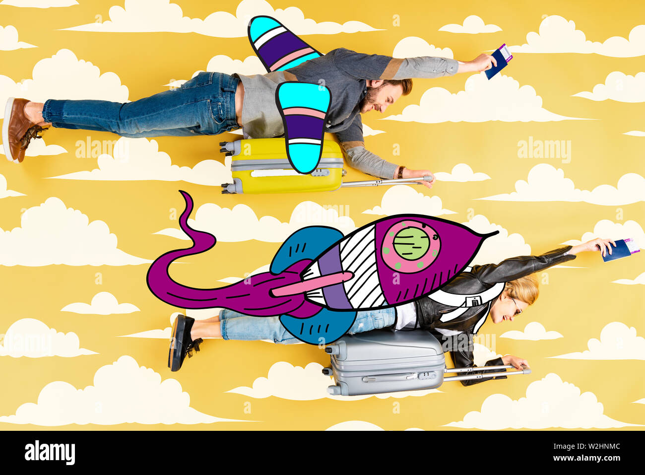 happy couple flying as rockets in sky on suitcases with passports and ...