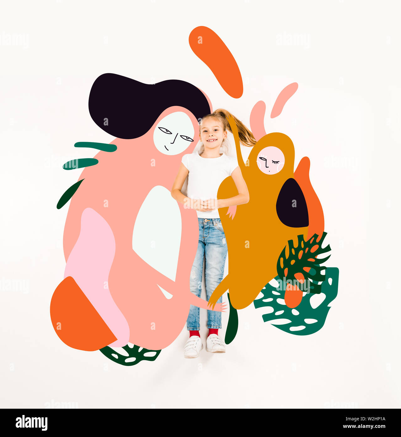 top view of cheerful kid smiling near magical characters on white Stock ...