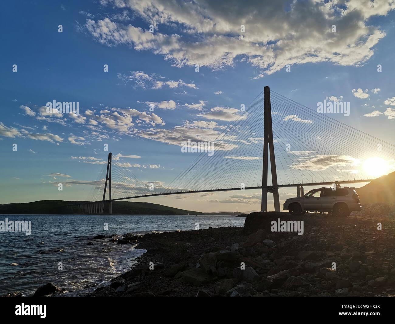 Marine landscape with views of the Russian bridge. Vladivostok ...