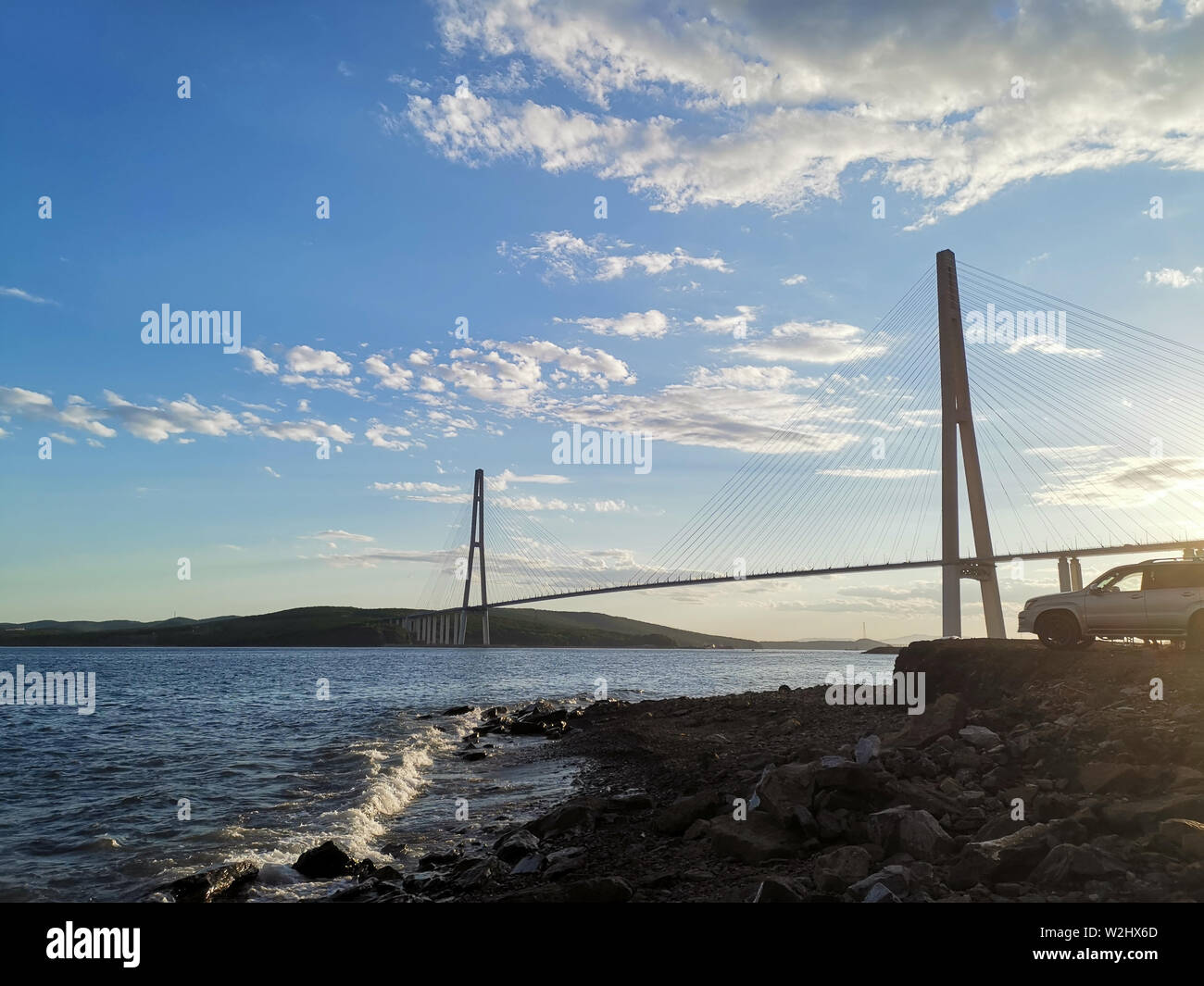 Marine landscape with views of the Russian bridge. Vladivostok ...