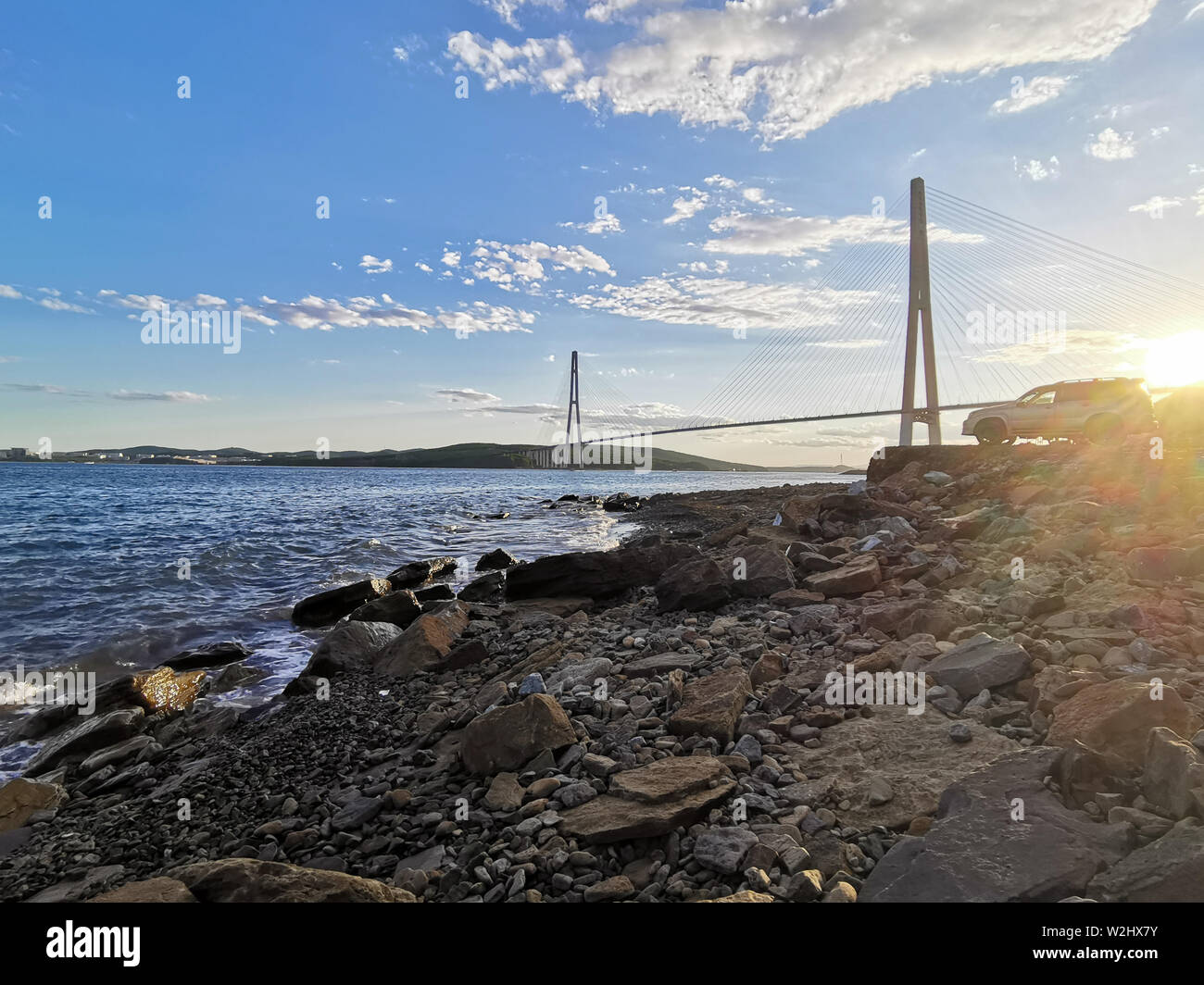 Marine landscape with views of the Russian bridge. Vladivostok ...