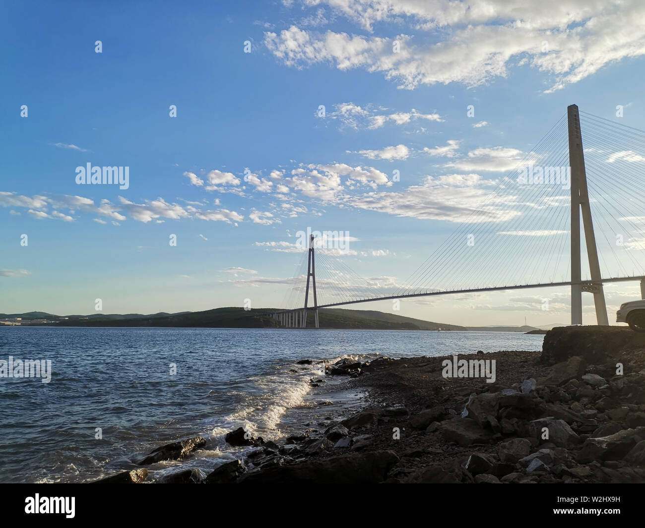 Marine landscape with views of the Russian bridge. Vladivostok ...