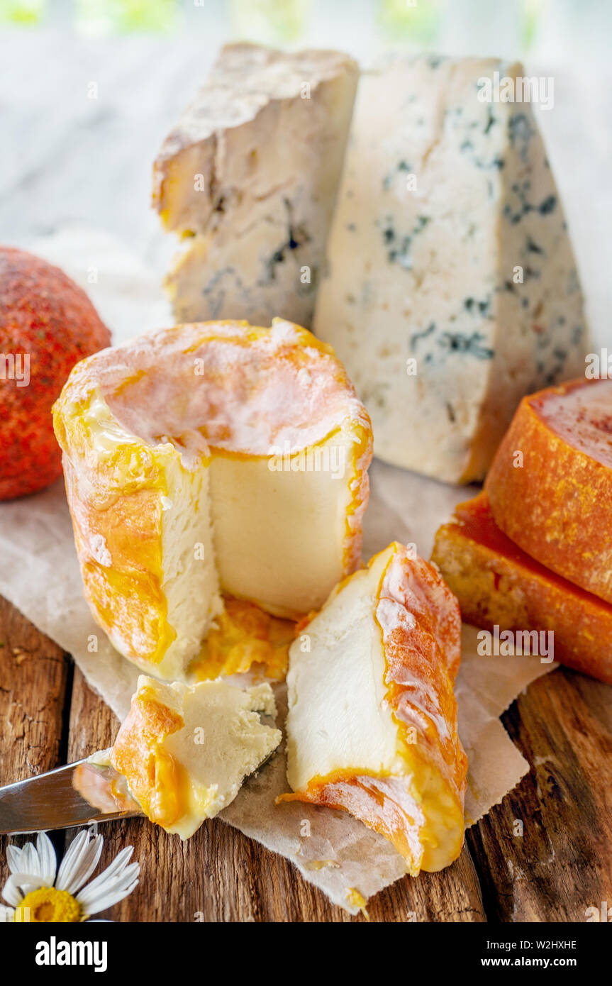Delicatessen spicy cheeses of different varieties. Red cheddar, Dor ...