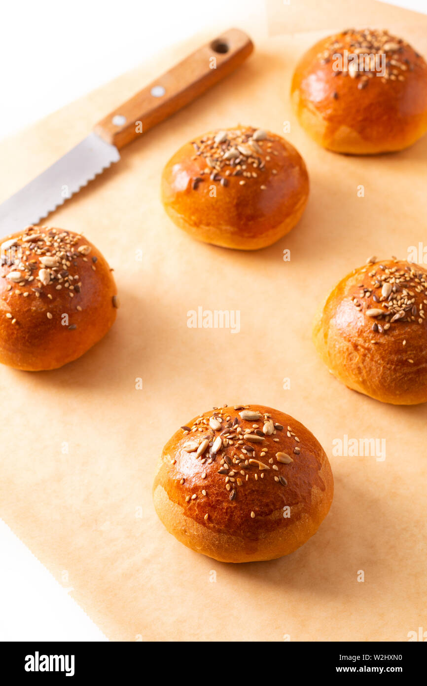 Food concept Homemade hamburger bun on brown parchment paper background ...