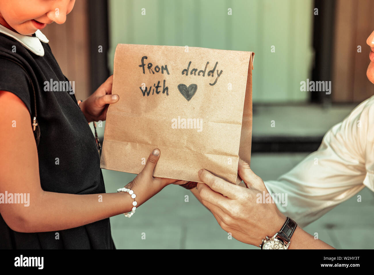 Supportive young father giving little daughter package with lunch Stock ...