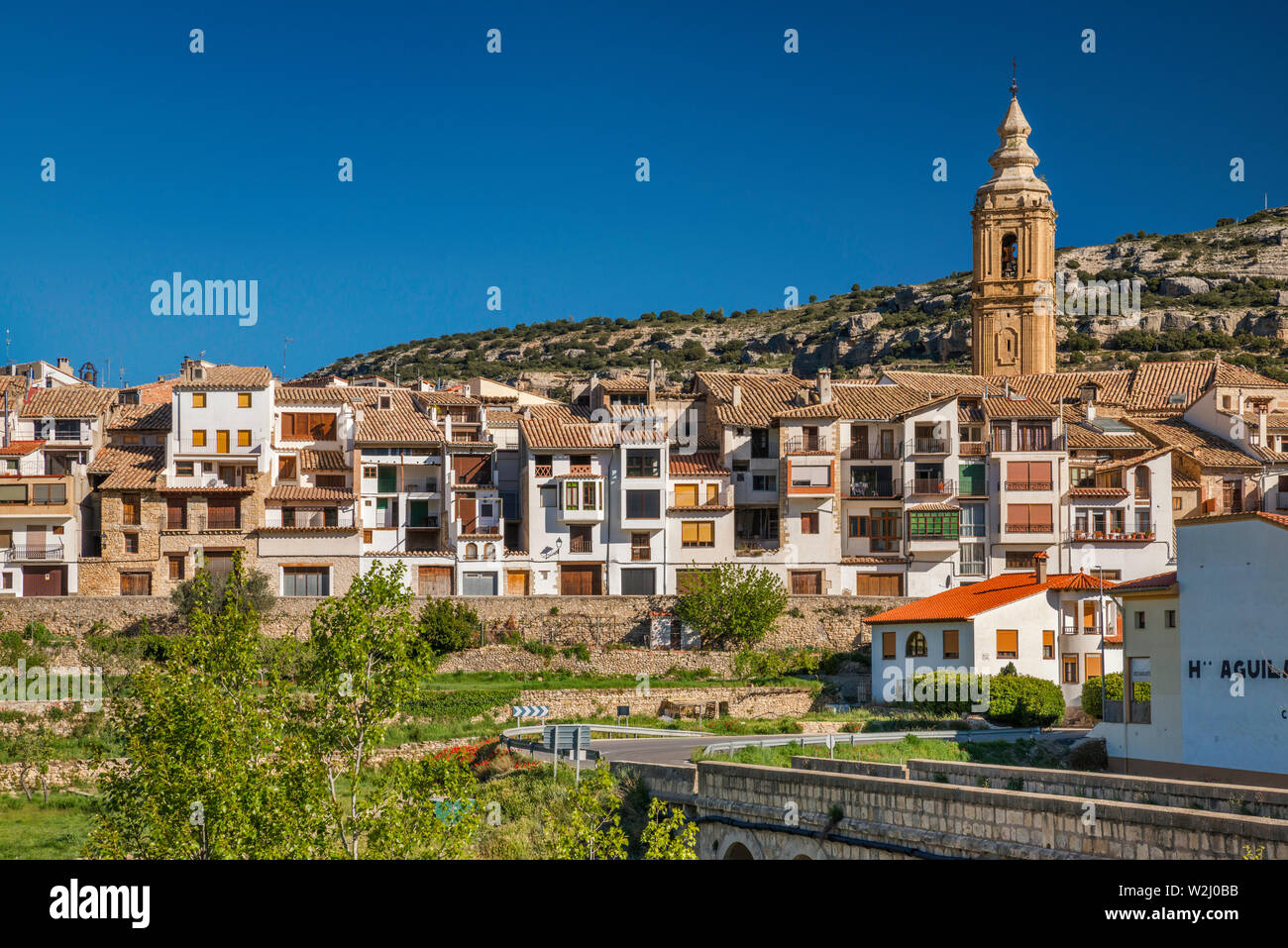 Baroque church tower over town of Forcall, Maestrat (Maestrazgo) region ...