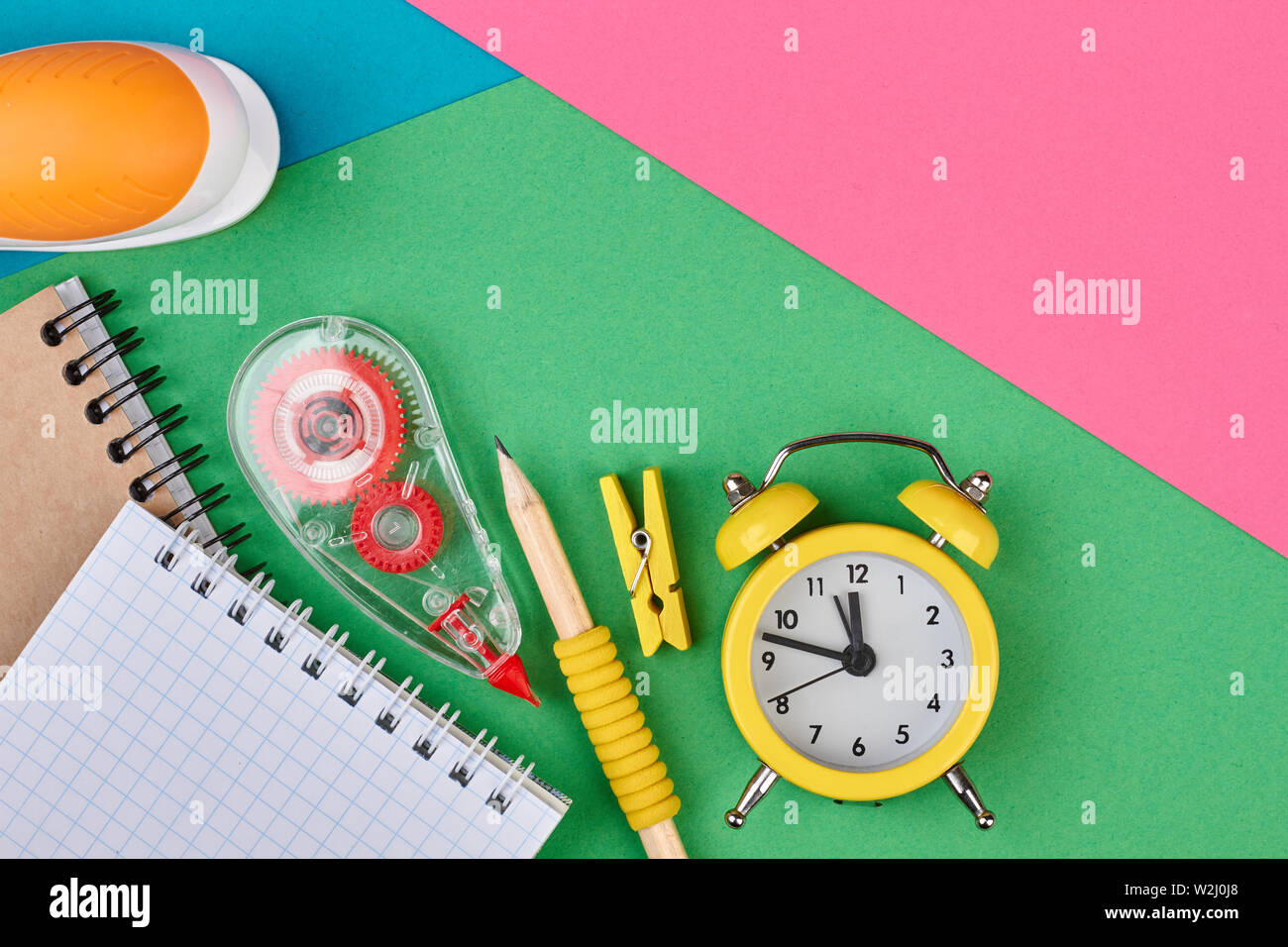 School supplies on color background Stock Photo - Alamy