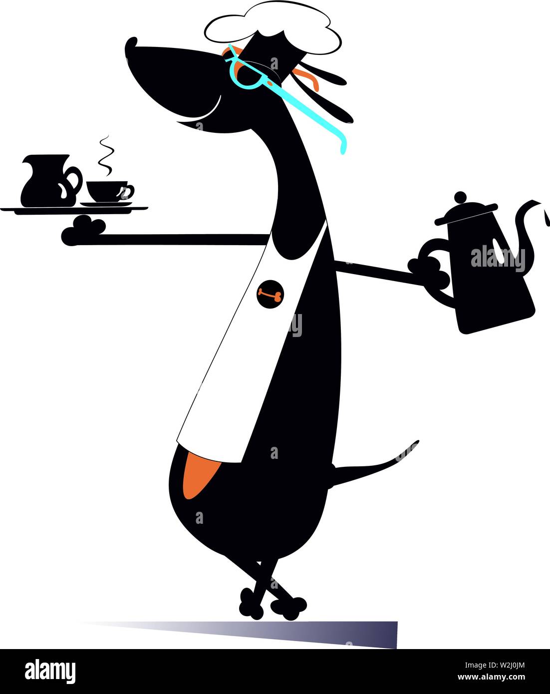 Cartoon dog a cook illustration. Comic dog carries a tray with coffee ...