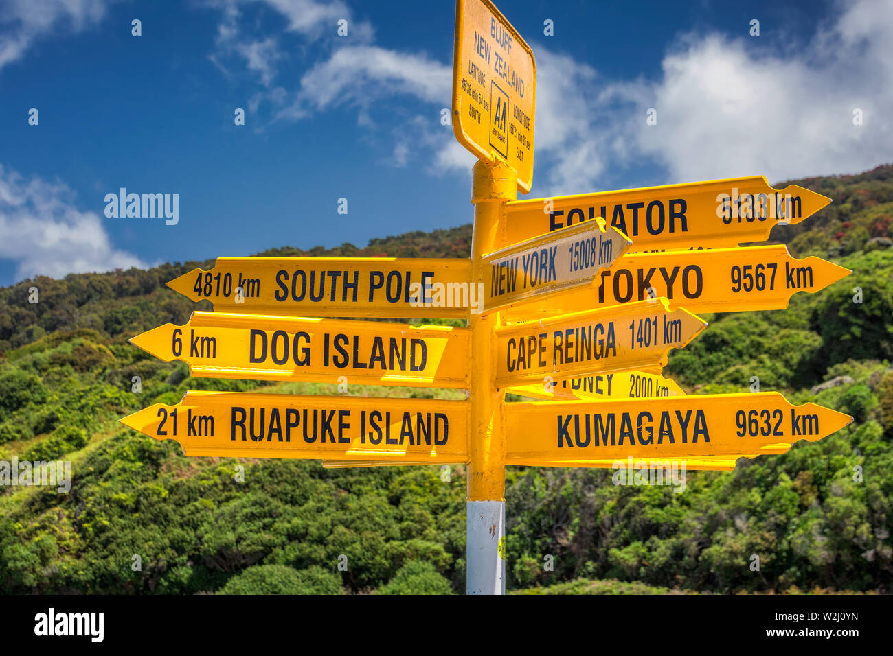 The world's southernmost signpost in Bluff, South Island, New Zealand ...