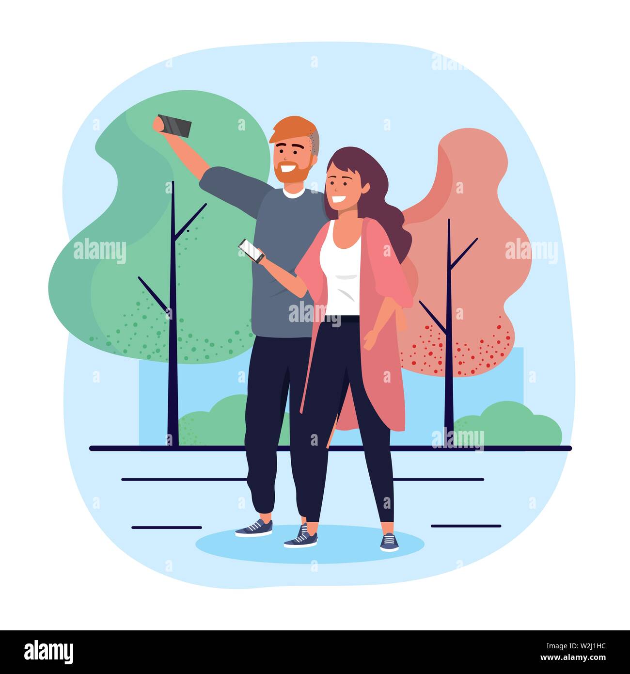 funny man and woman couple with smartphone vector illustration Stock ...