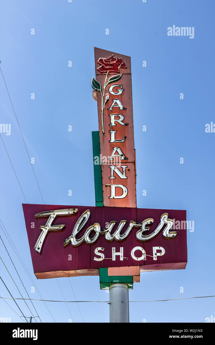 Vintage Florist neon road sign, Garland, Dallas, Texas, USA Stock Photo ...