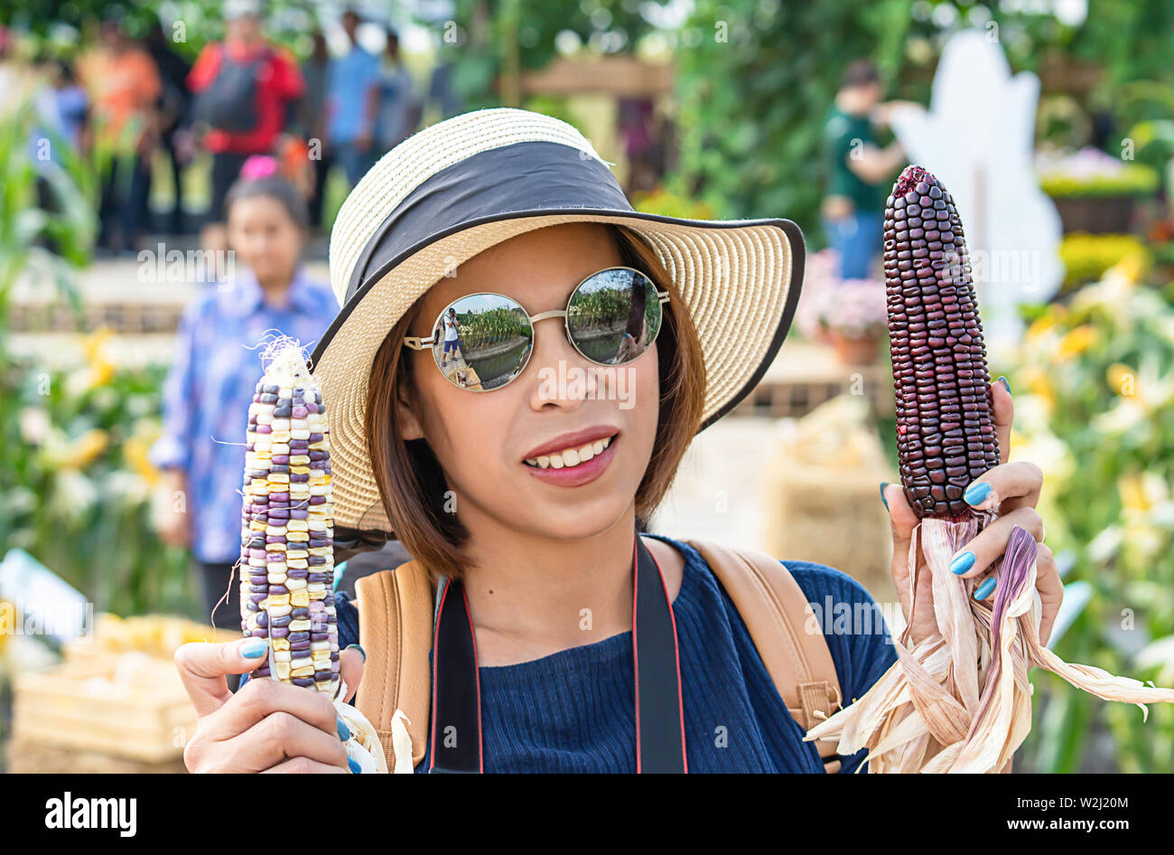 A woman holding the corn at the show in the farm Stock Photo - Alamy
