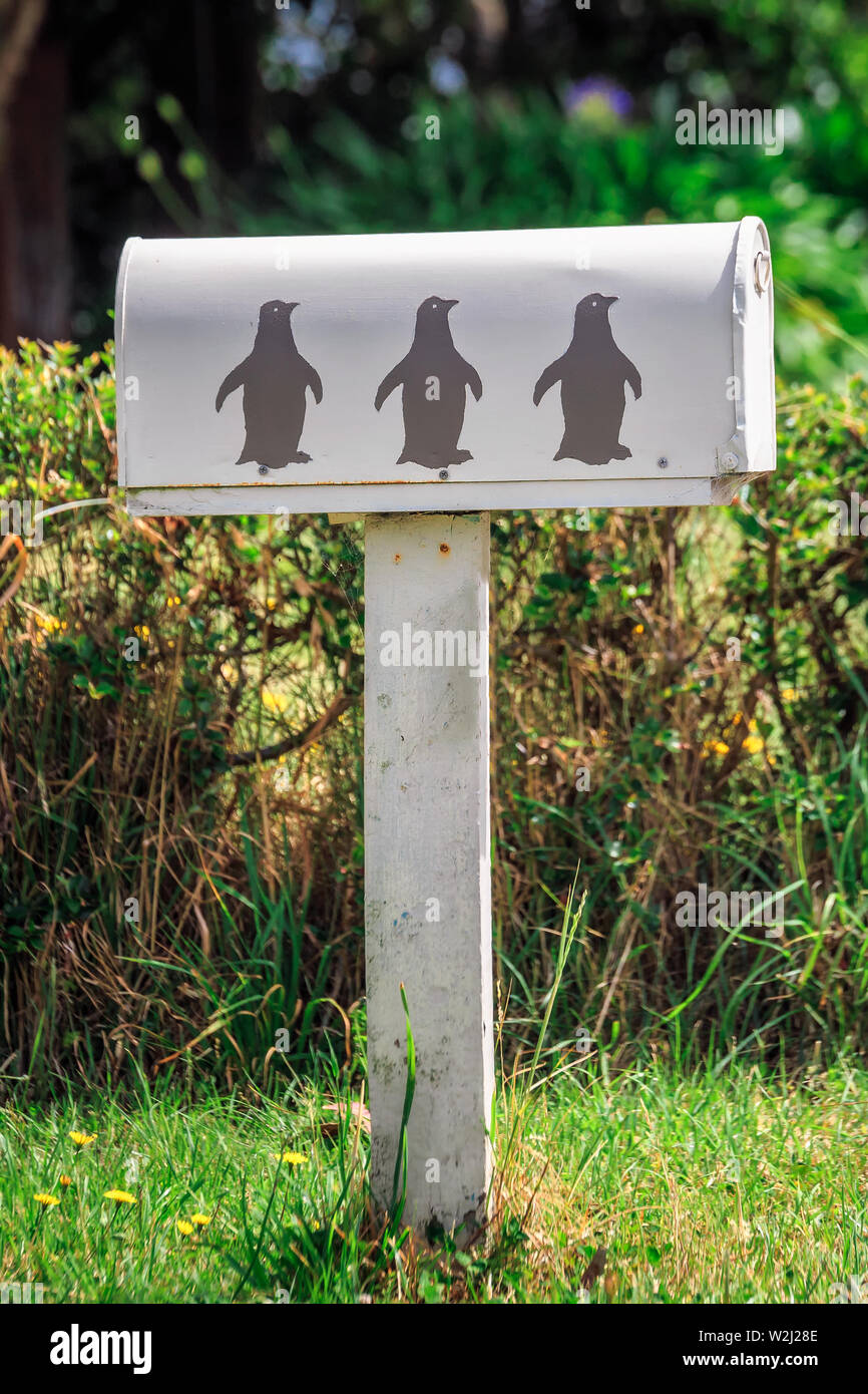 Postbox with penguins at Oamaru in the South Island of New Zealand ...