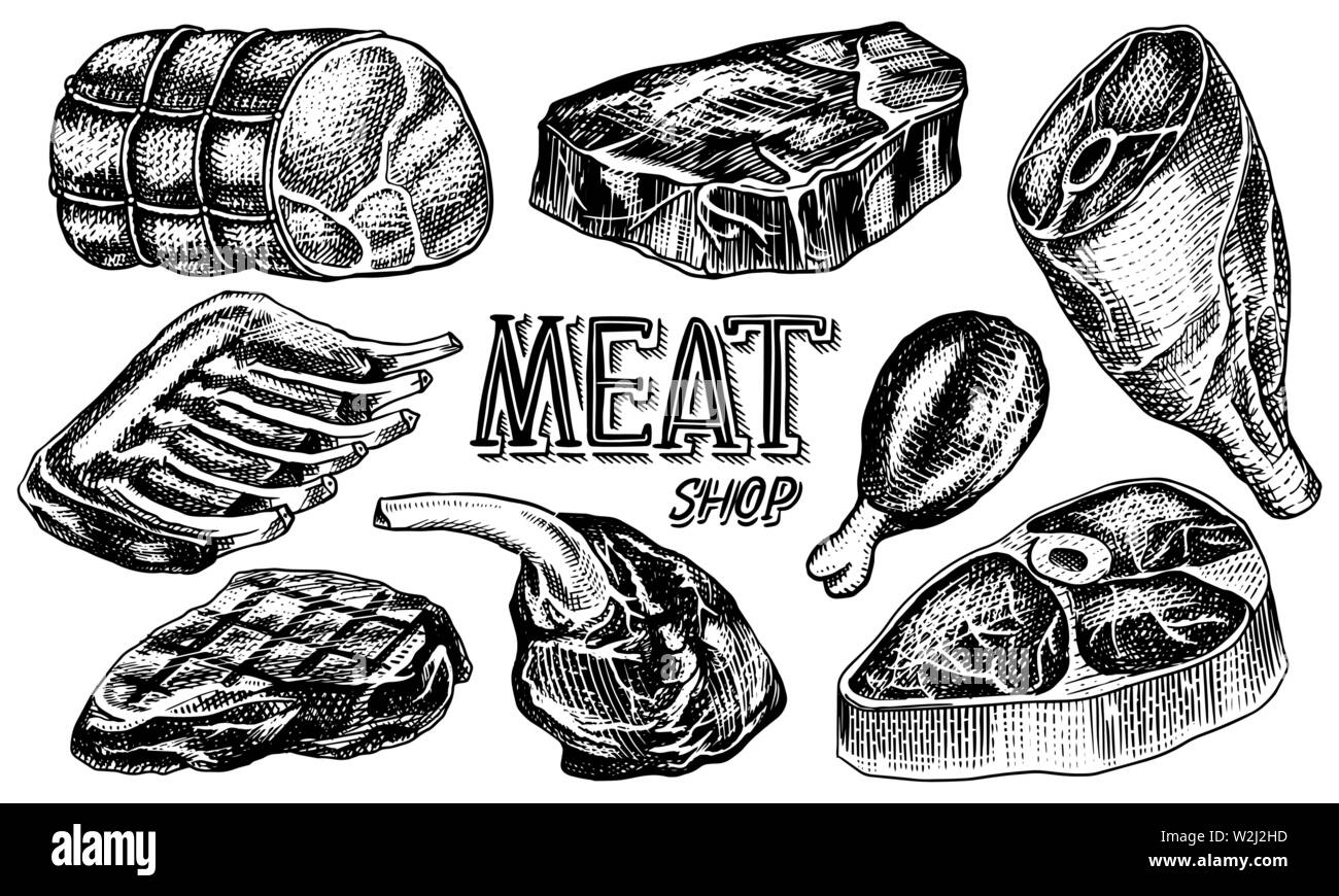 Beef meat, pork steak, chicken leg, meatloaf, bacon and ribs. Barbecue ...