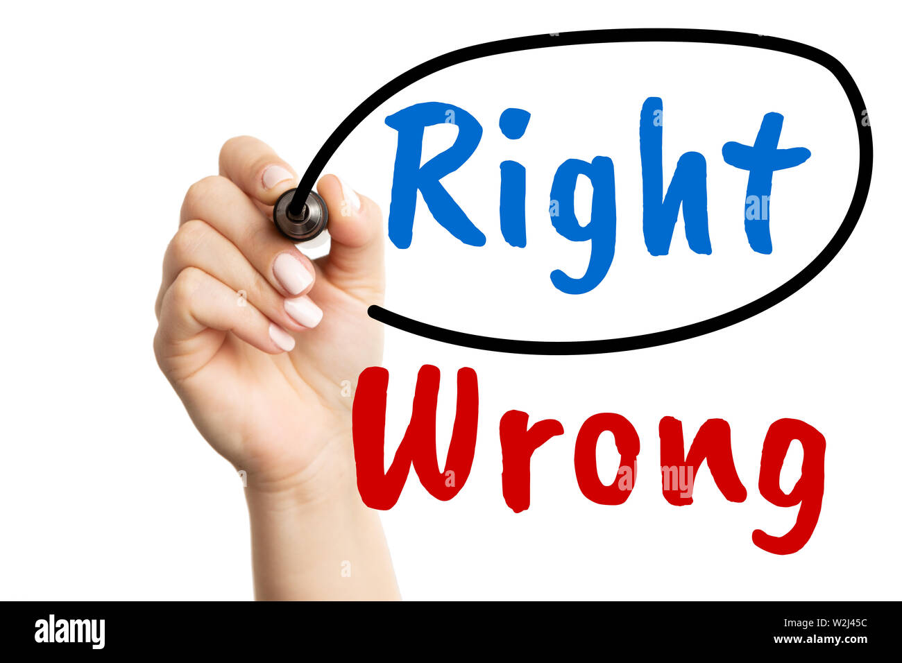 Closeup of woman circling red right word on transparent screen with red ...