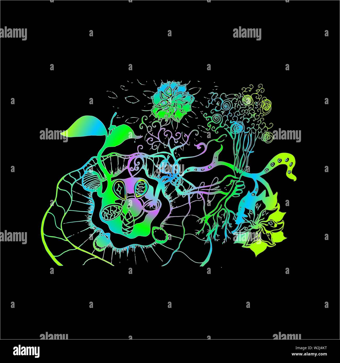 Neon illustration of a psychedelic motif. Hand, Flower, bouquet, gift ...