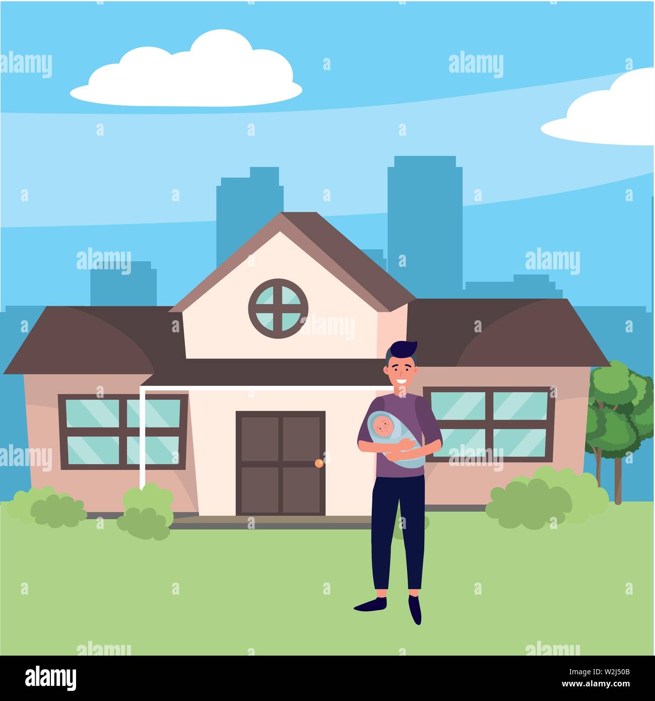 family baby care father man with baby at urban big house home cartoon ...
