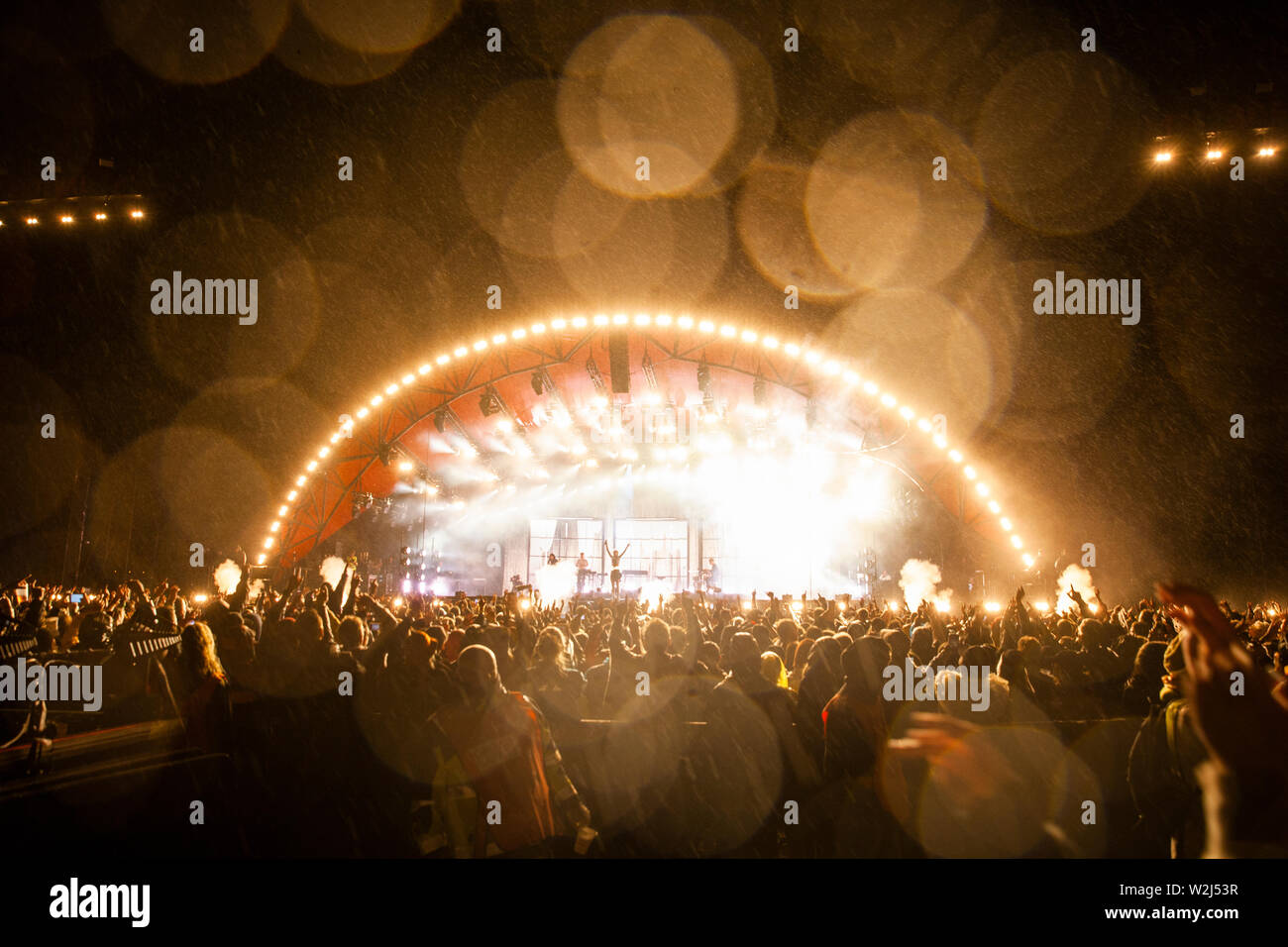 Roskilde, Denmark. July 04th, 2019. Impressive view over the stage area ...