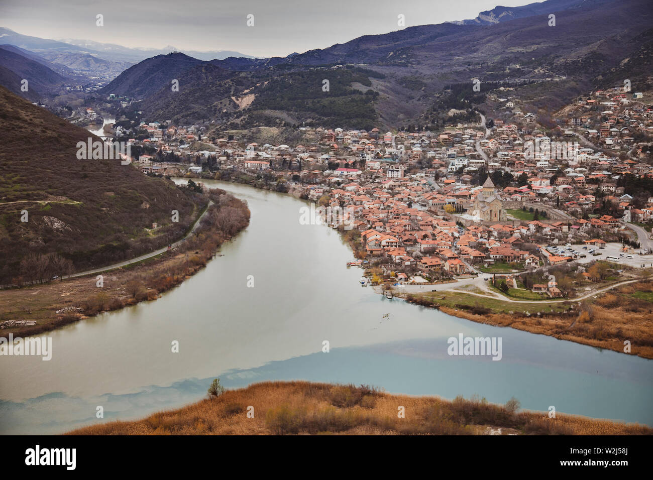 Georgia Snow Mountain Flowing Two Rivers View Stock Photo - Alamy