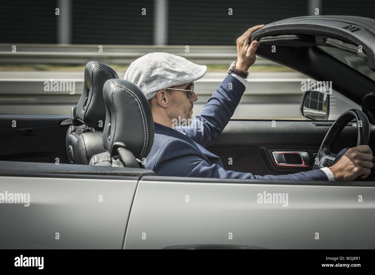 Convertible Car Freedom Drive. Caucasian Driver in His 30s Wearing ...