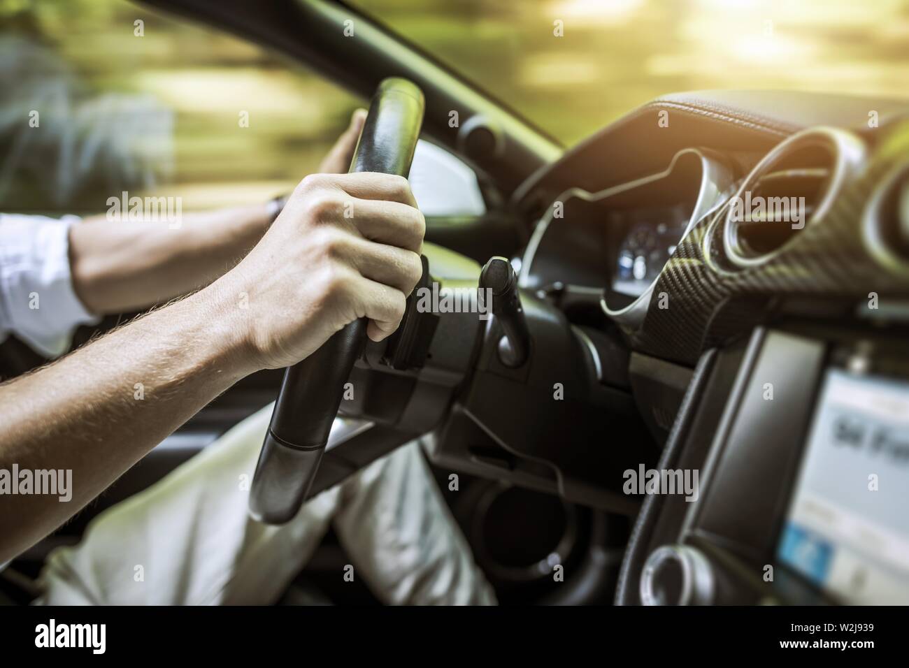 Modern Car Driving Concept. Caucasian Driver Inside Sporty Vehicle ...