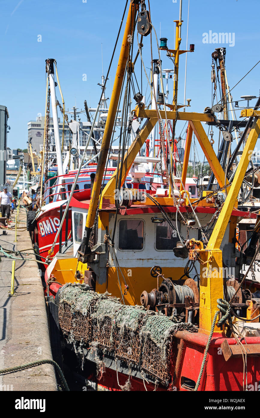 Plymouth Sutton Harbour, inner basin, colourful fishing boats at rest ...