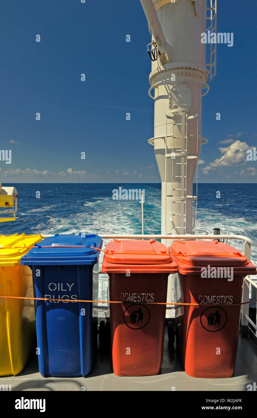 bay of biscay, international waters - june 06, 208: colorful trashcans ...