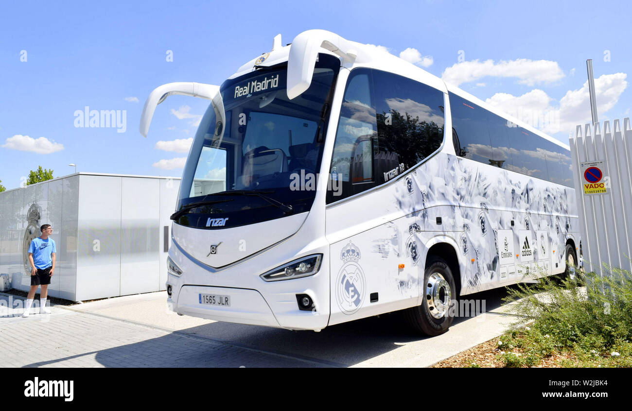 A bus carrying Real Madrid players leave their training facility in ...