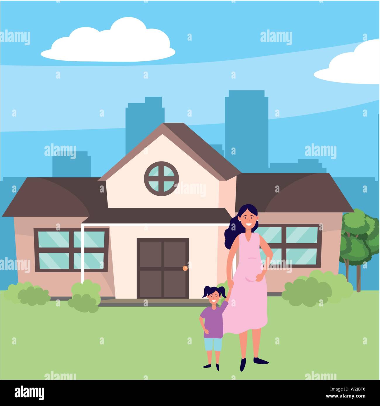 family baby care mom woman with baby at urban big house home cartoon ...
