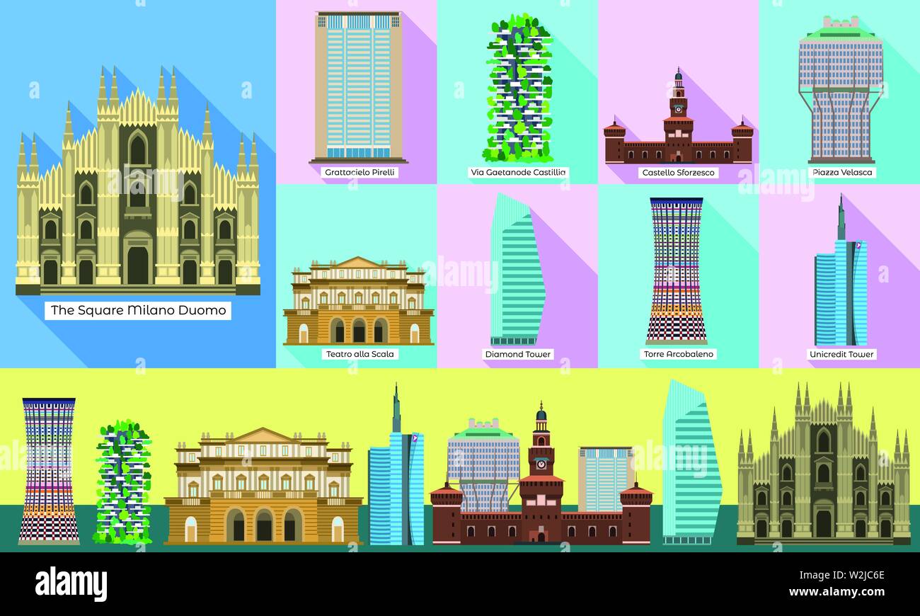 Milan icons set. Flat set of milan vector icons for web design Stock ...
