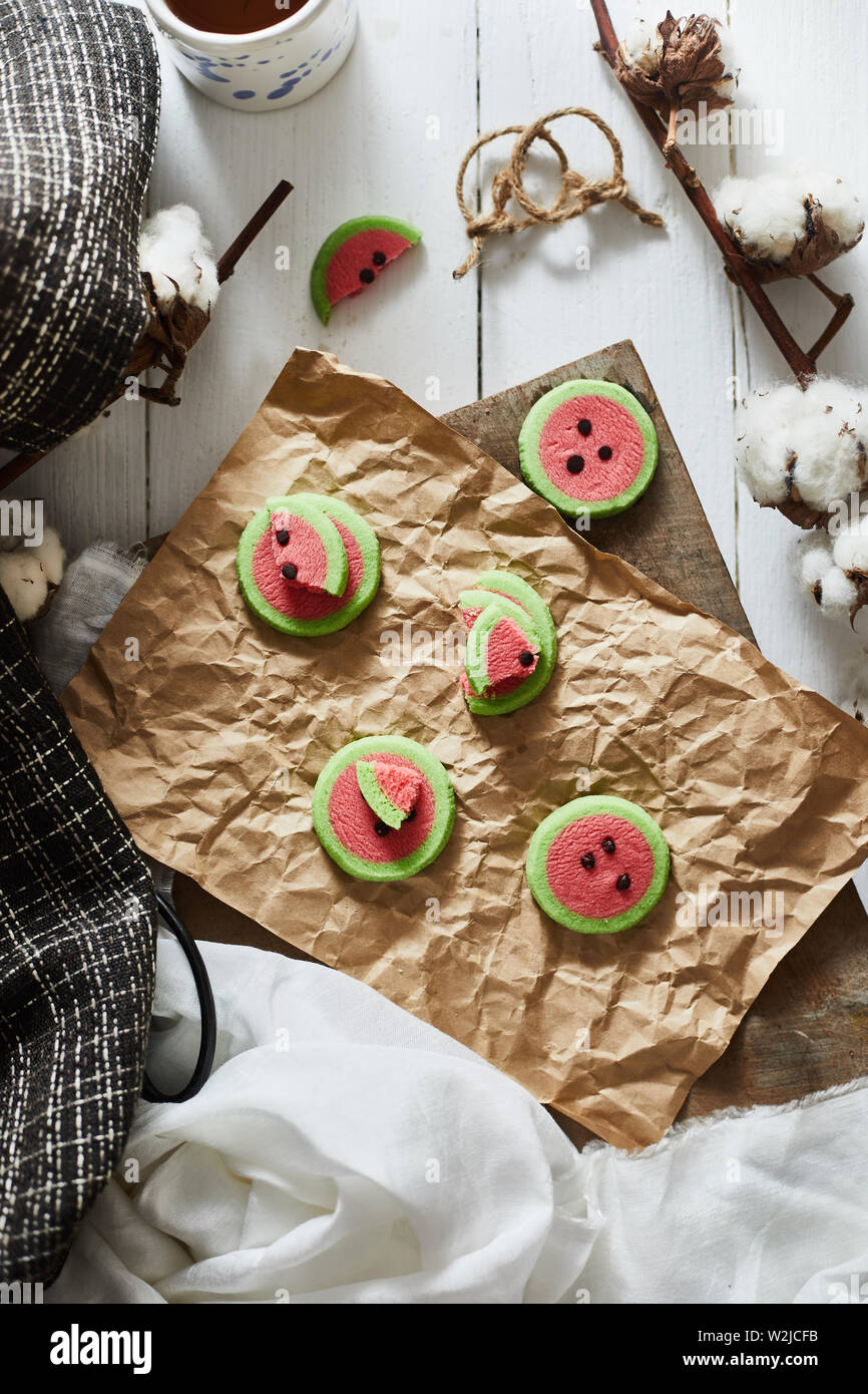Watermelon slice cookies recipe on background Stock Photo - Alamy
