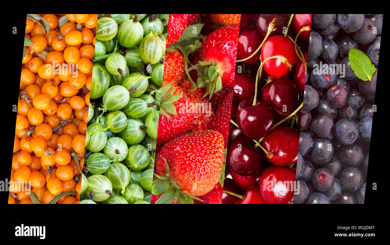 Fresh juicy berries on food collage Stock Photo - Alamy