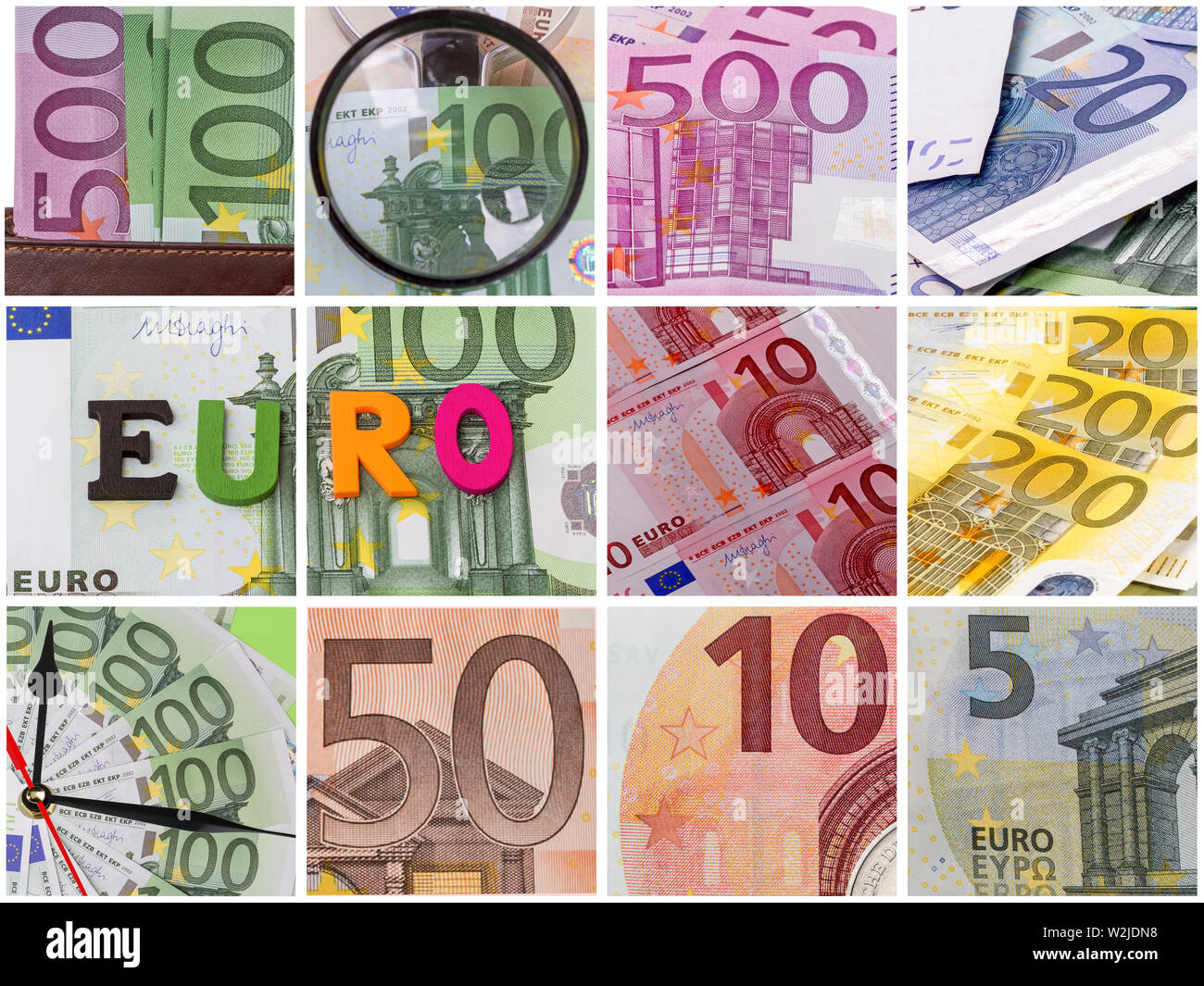 Collage with different details of paper euro Stock Photo - Alamy
