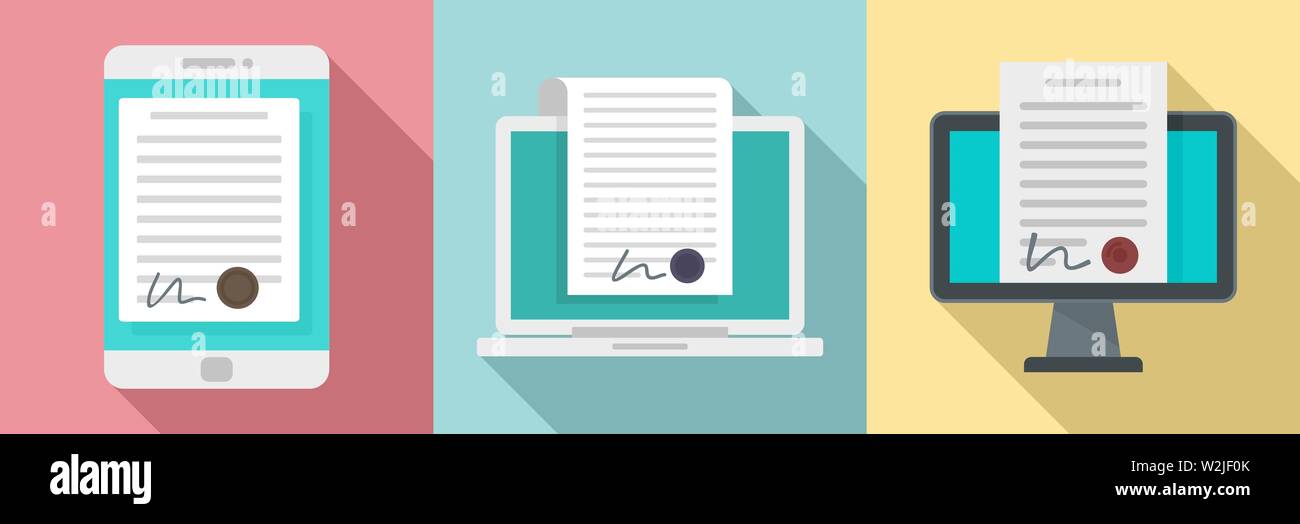 Digital contract icons set. Flat set of digital contract vector icons ...