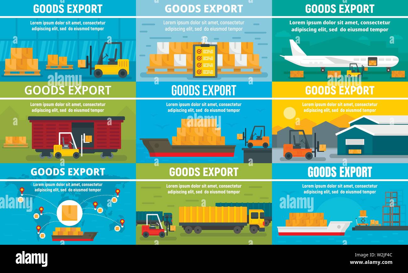 Goods export banner set. Flat illustration of goods export vector ...