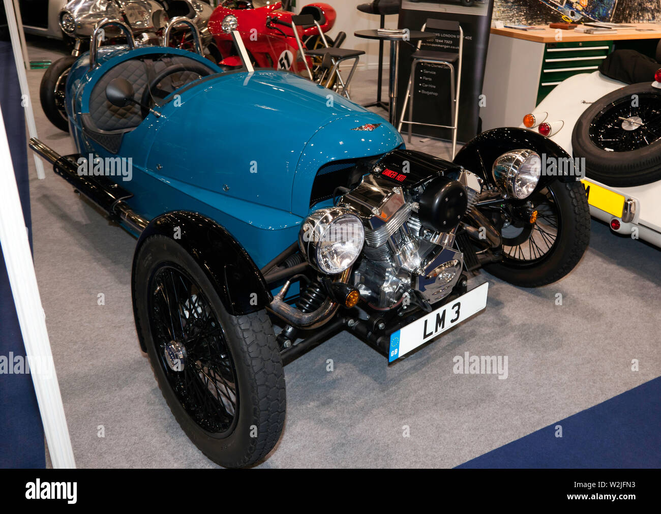 Three-quarter front view of Morgan 3-Wheeler, on display at the 2019 ...