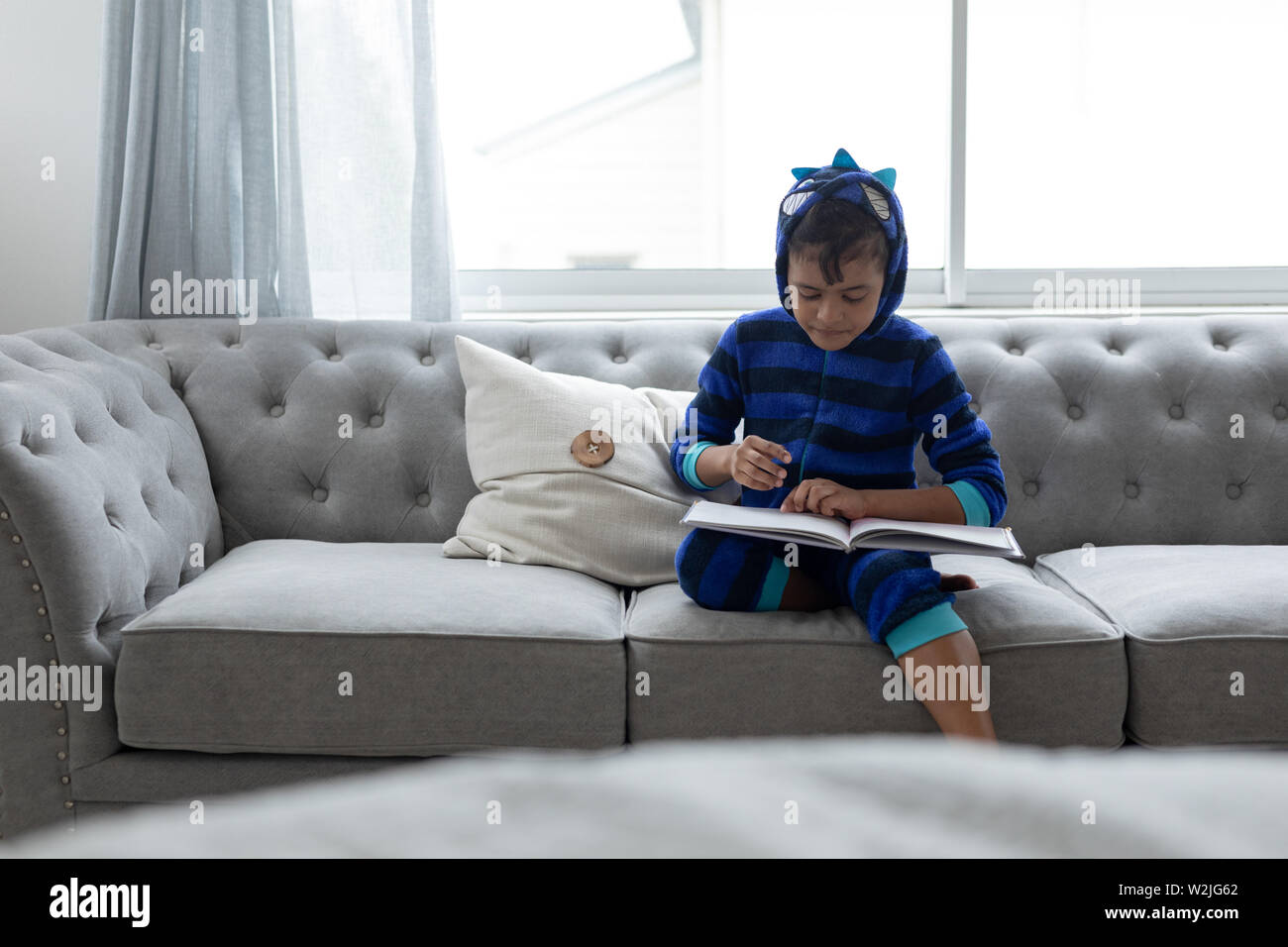 Boy reading a book on a sofa in living room Stock Photo - Alamy