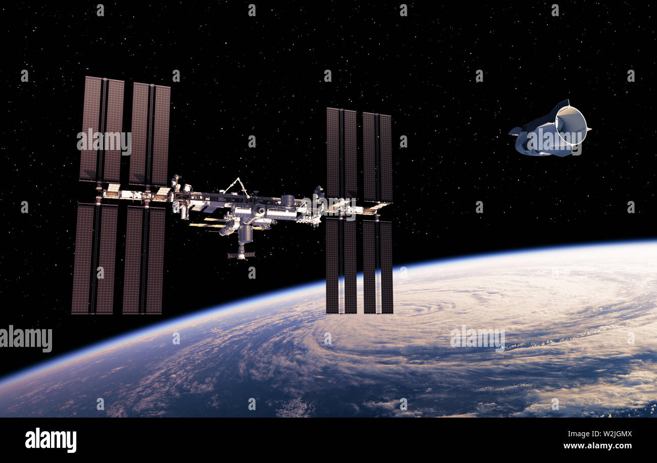 Commercial Spacecraft And International Space Station In Space. 3D ...