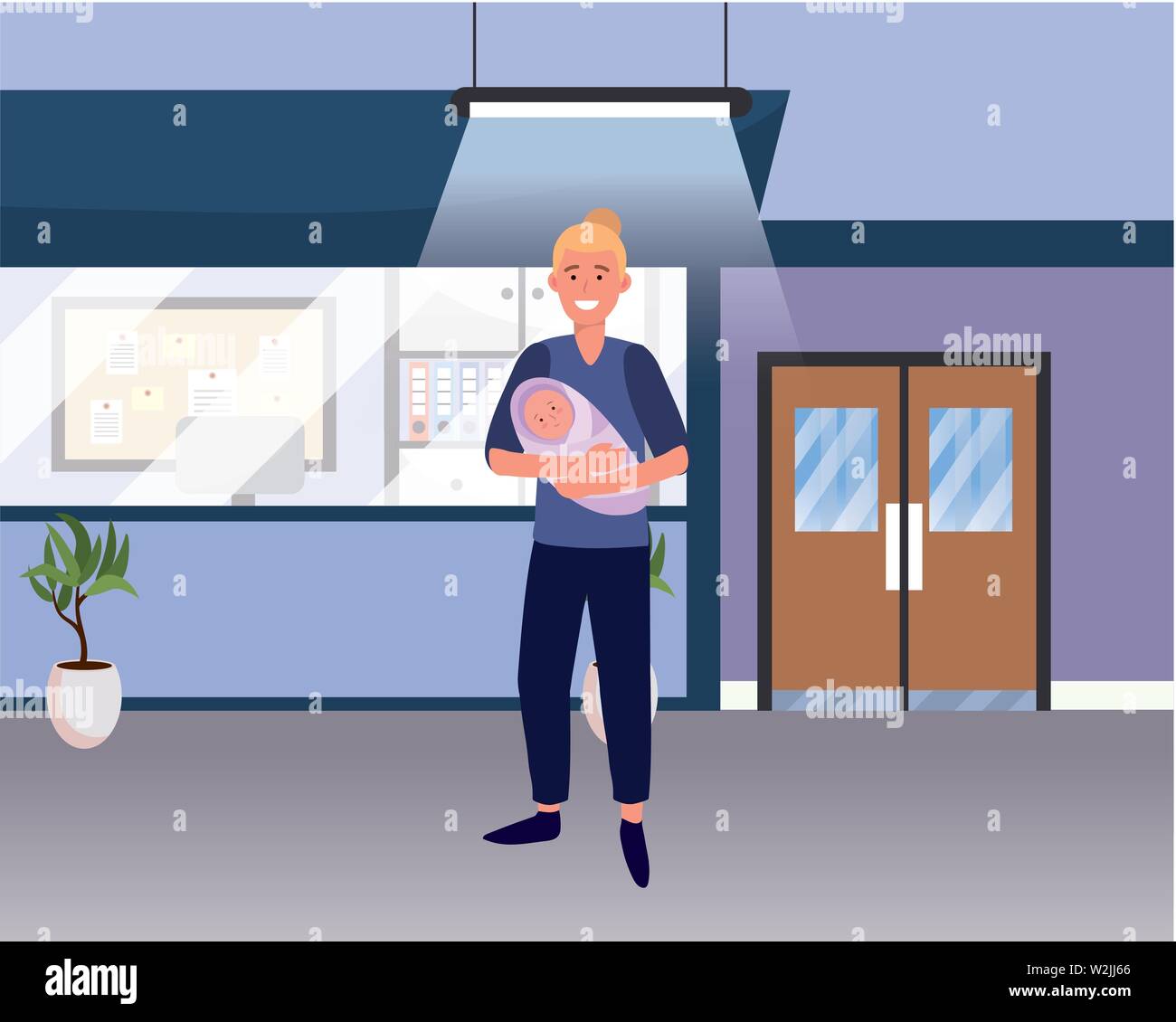 family baby care father man with baby at medical hospital room cartoon ...