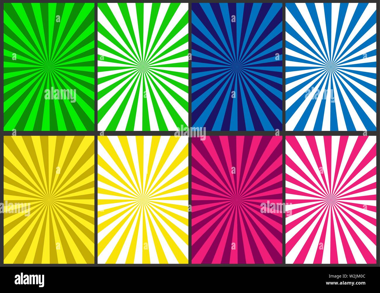 Colored rays radiate from the center. Set of colorful spiral ...