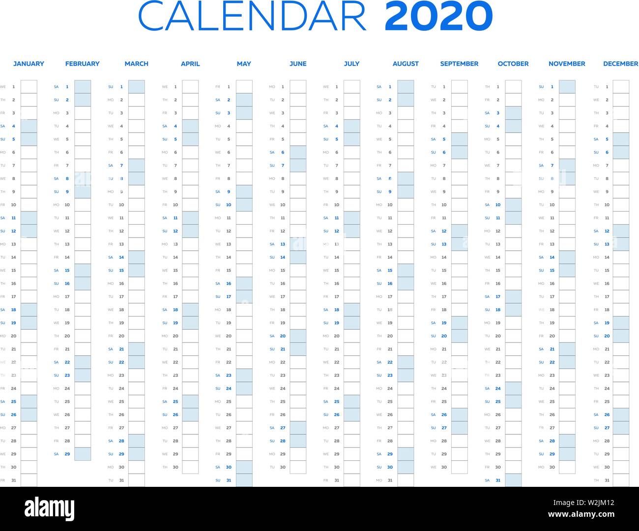 The 2020 calendar template with classical monthly columns Stock Vector ...