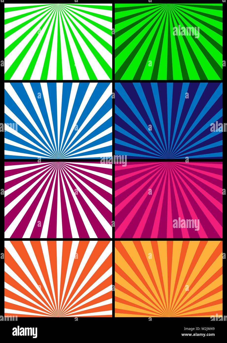 Colored rays radiate from the edge. Set of colorful spiral backgrounds ...
