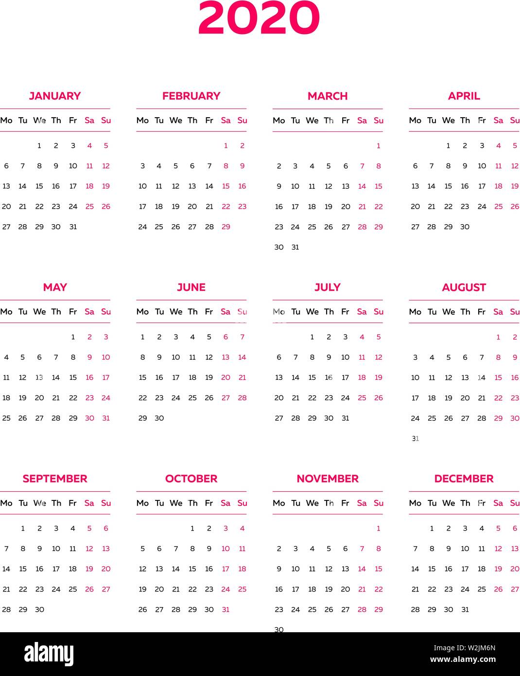 The 2020 calendar template with classical monthly columns Stock Vector ...