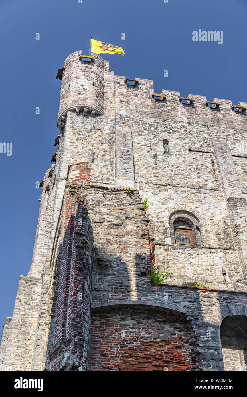 10th-century medieval moated castle Gravensteen view with towers and ...
