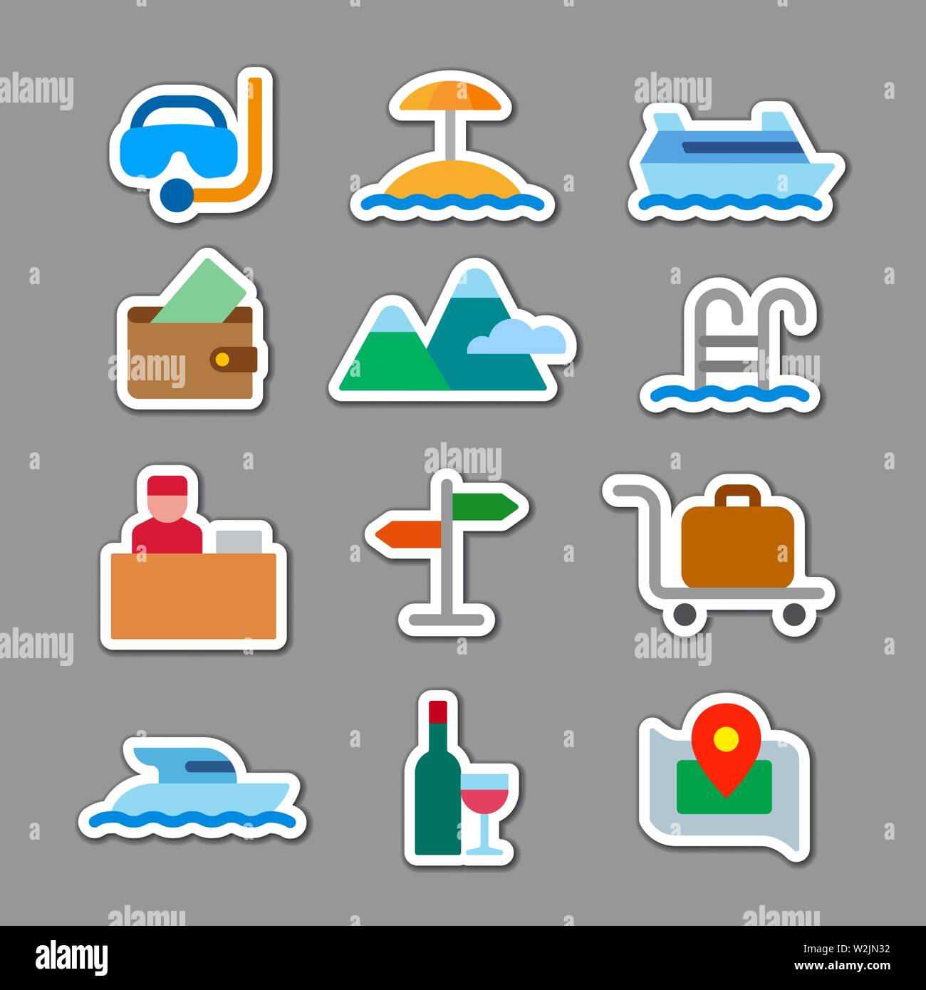 set of color travel concept stickers of resort, cruise and journey ...