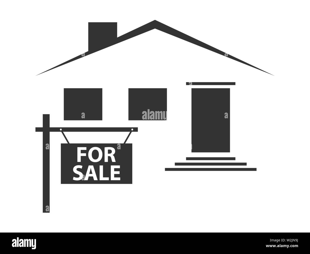 Silhouette of a house with a signboard for sale. Black icon on white ...